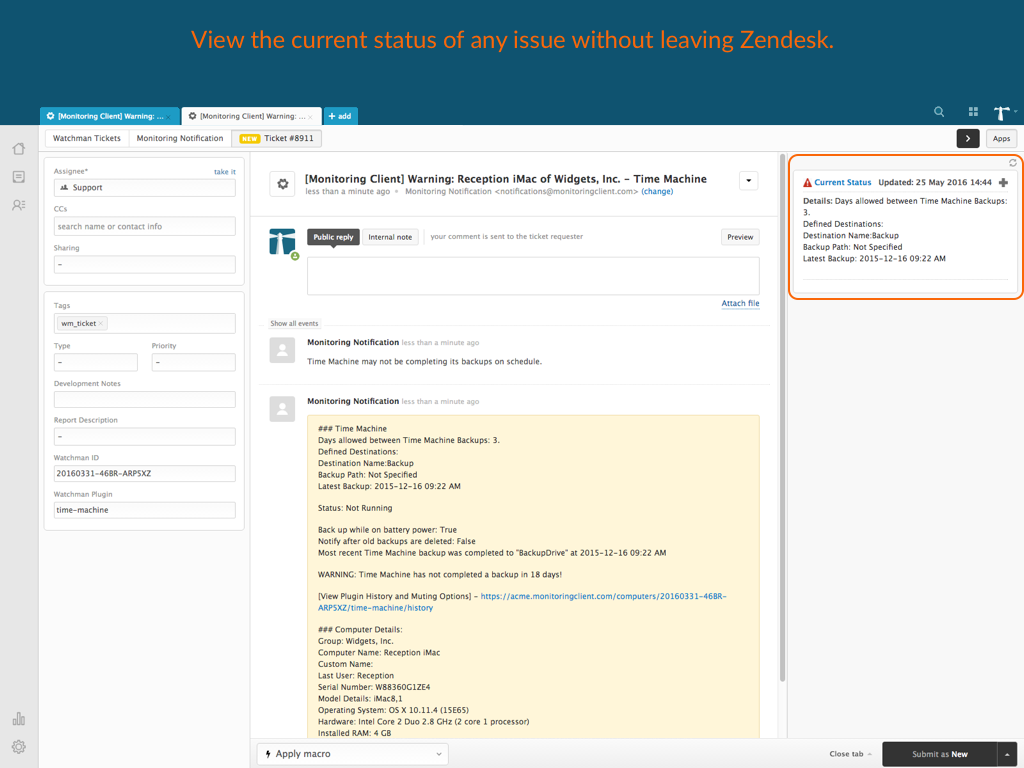 Watchman Monitoring App Integration with Zendesk Support